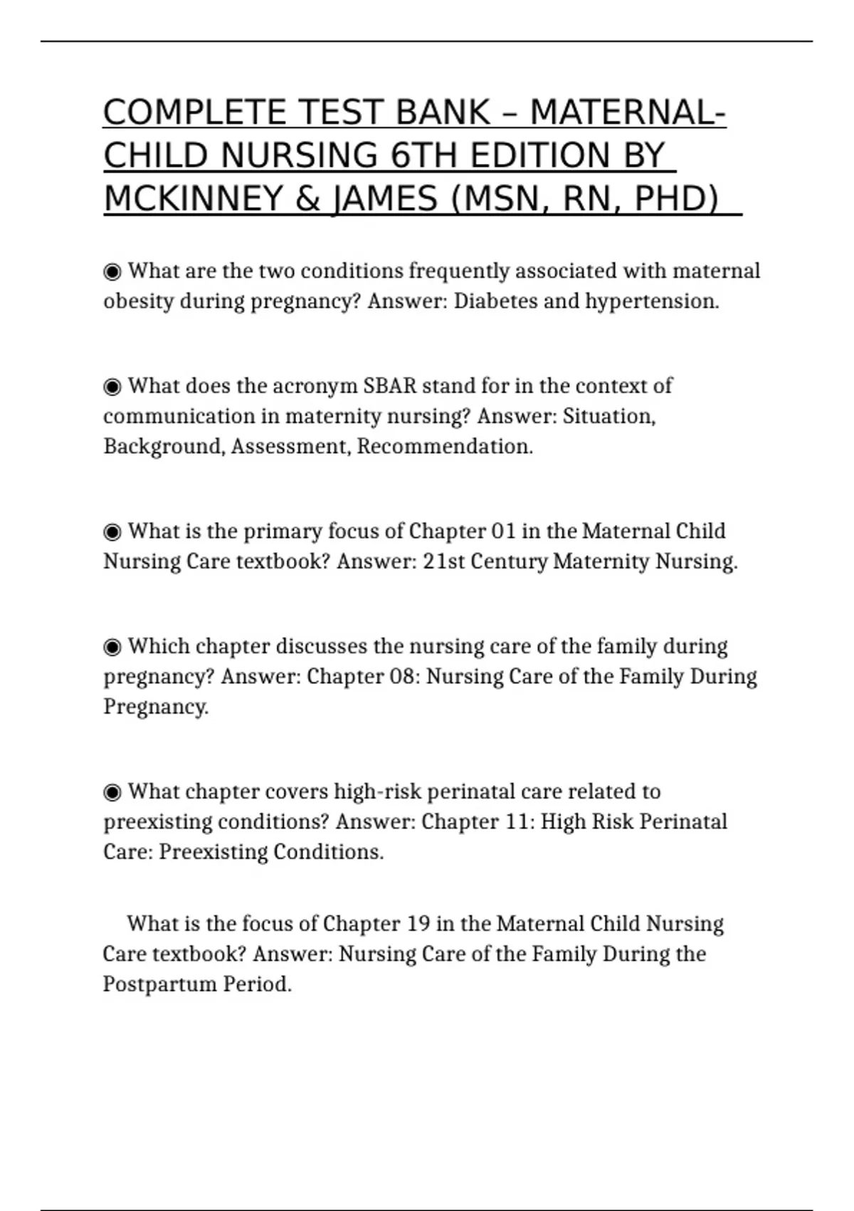COMPLETE TEST BANK – MATERNAL-CHILD NURSING 6TH EDITION BY MCKINNEY ...