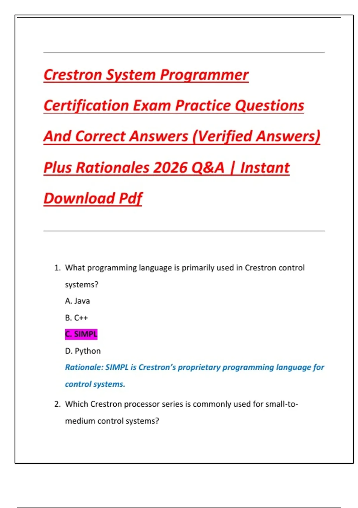 Crestron System Programmer Certification Exam Practice Questions And ...