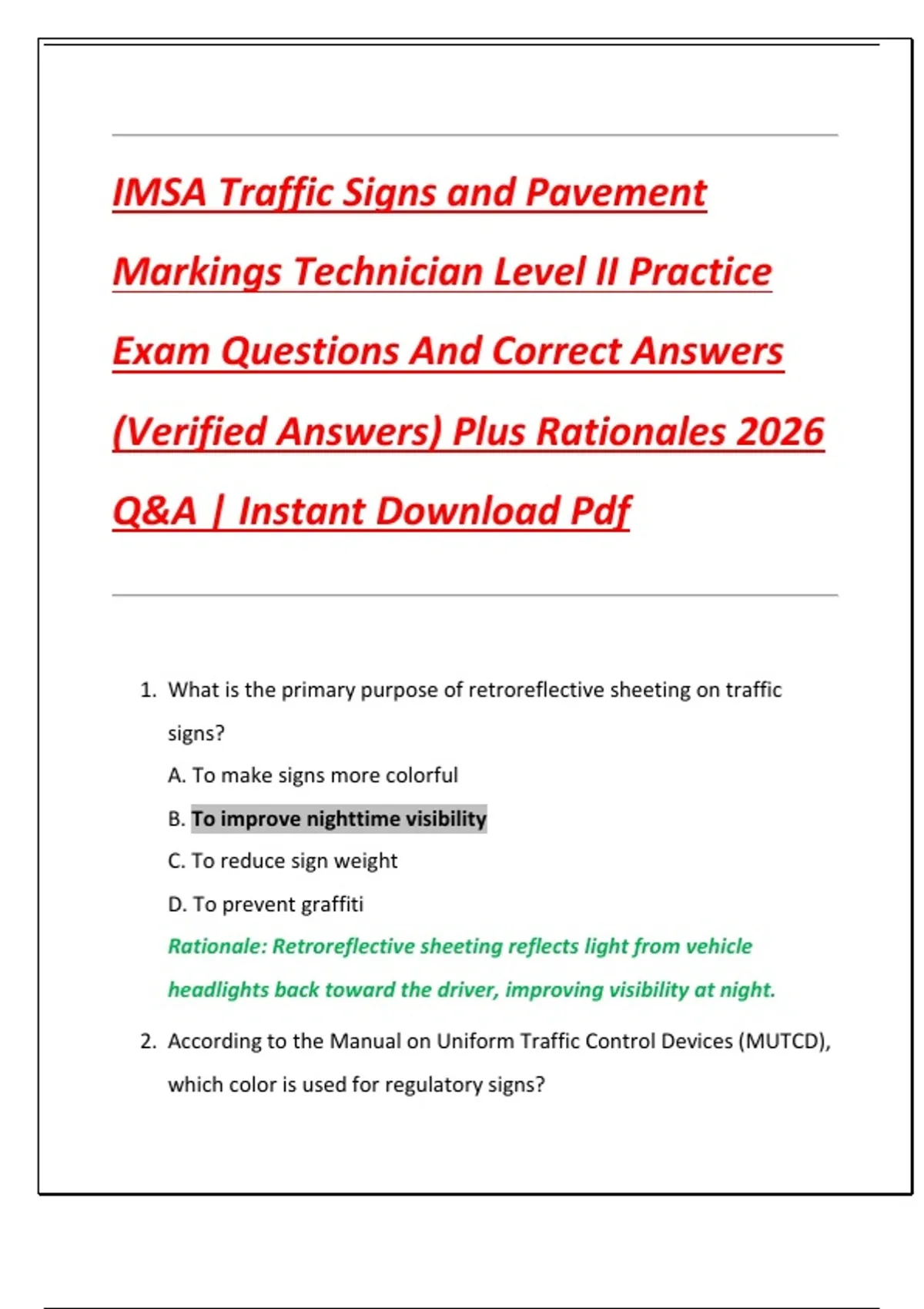 IMSA Traffic Signs and Pavement Markings Technician Level II Practice ...