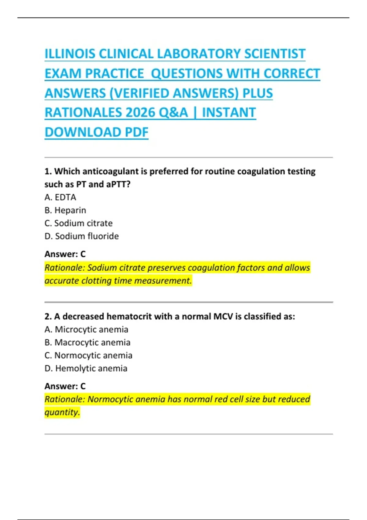ILLINOIS CLINICAL LABORATORY SCIENTIST EXAM PRACTICE QUESTIONS WITH ...