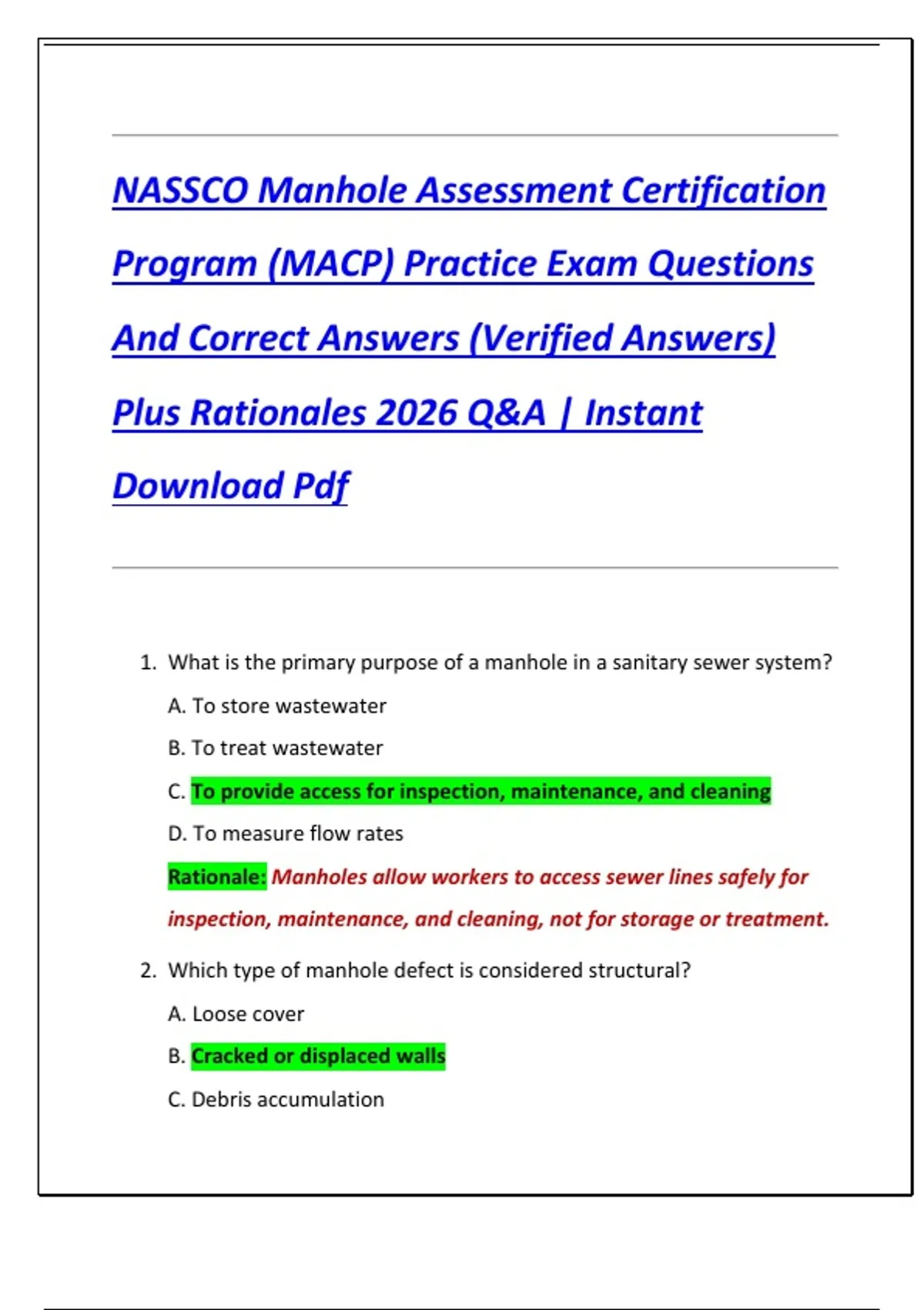 NASSCO Manhole Assessment Certification Program (MACP) Practice Exam ...