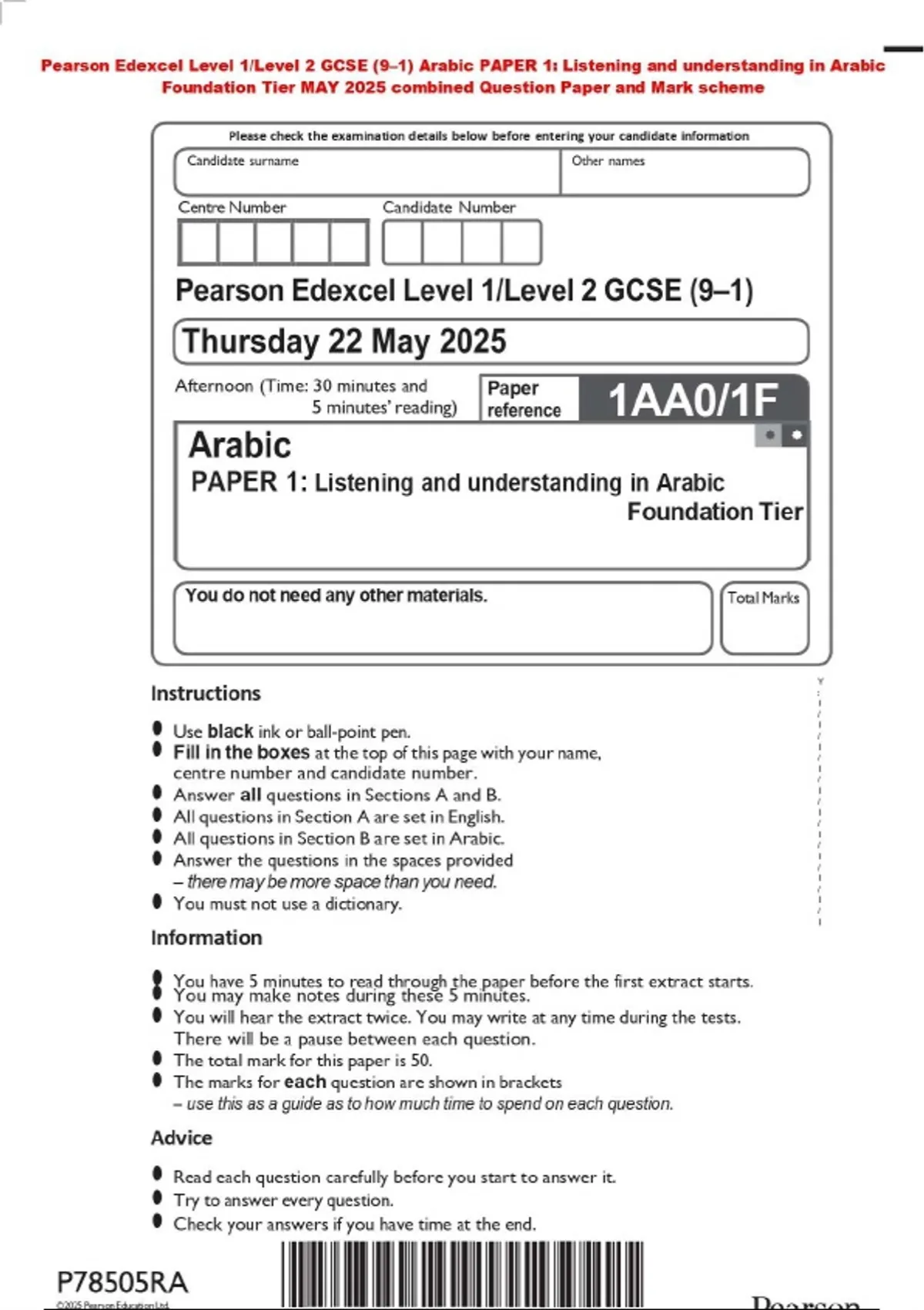 Pearson Edexcel Level 1/Level 2 GCSE (9–1) Arabic PAPER 1: Listening ...