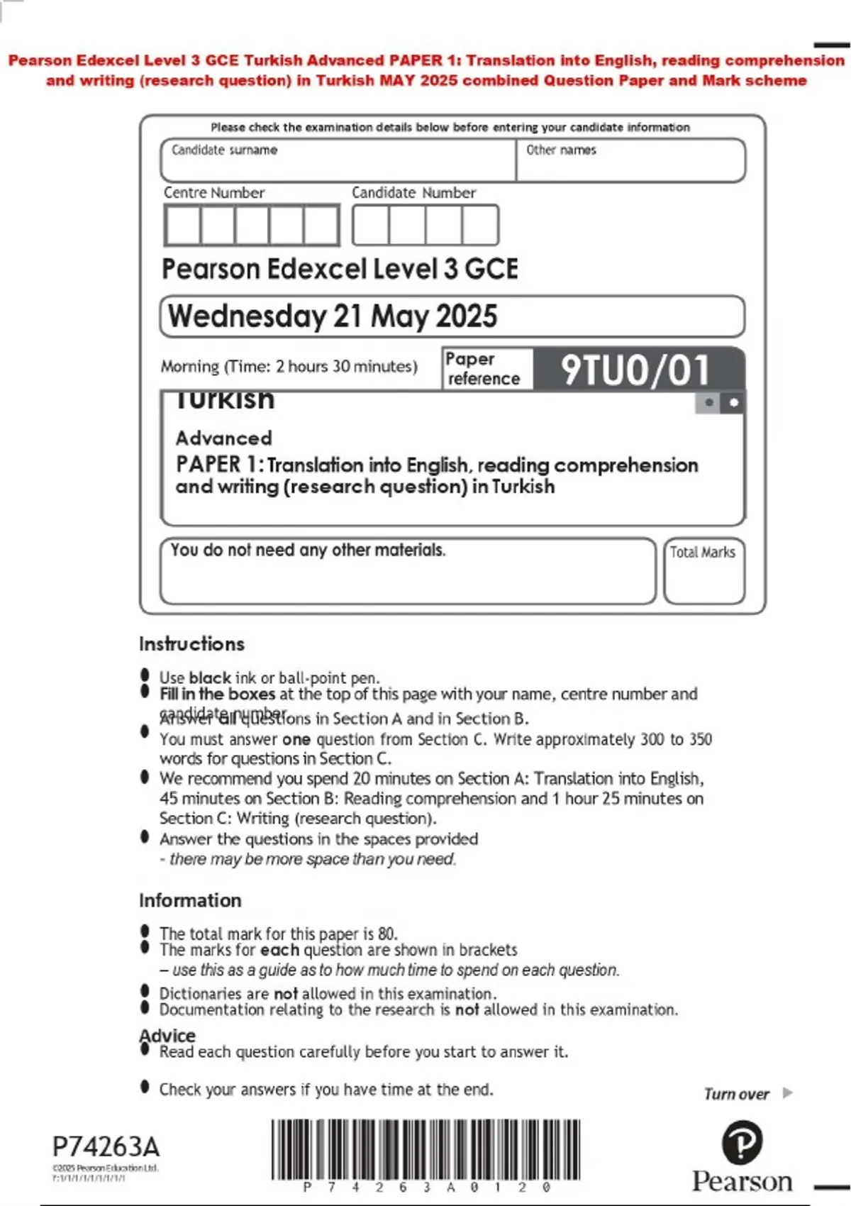 Pearson Edexcel Level 3 GCE Turkish Advanced PAPER 1: Translation into ...