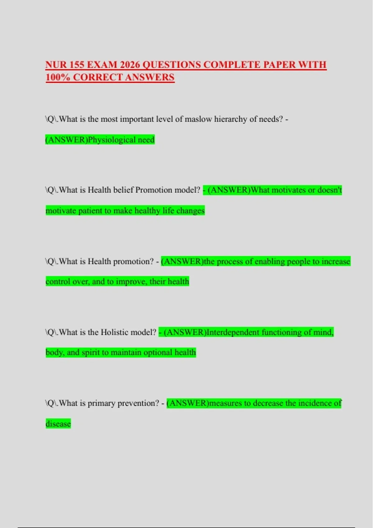 NUR 155 EXAM 2026 QUESTIONS COMPLETE PAPER WITH 100% CORRECT ANSWERS ...