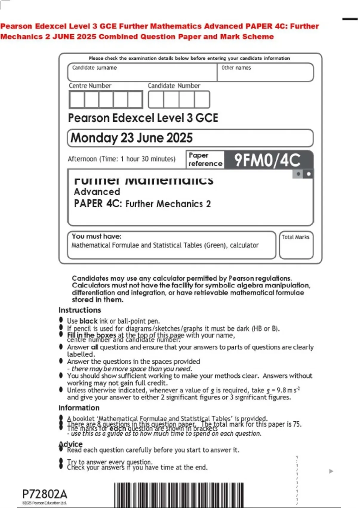 Pearson Edexcel Level 3 GCE Further Mathematics Advanced PAPER 4C ...