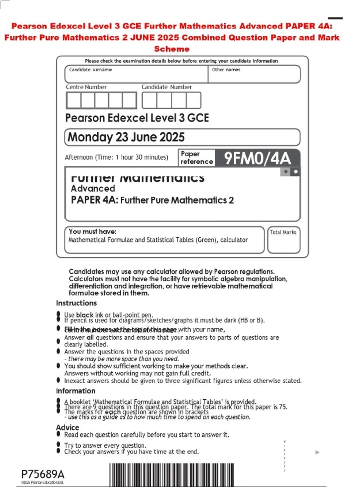 Pearson Edexcel Level 3 GCE Further Mathematics Advanced PAPER 4A ...