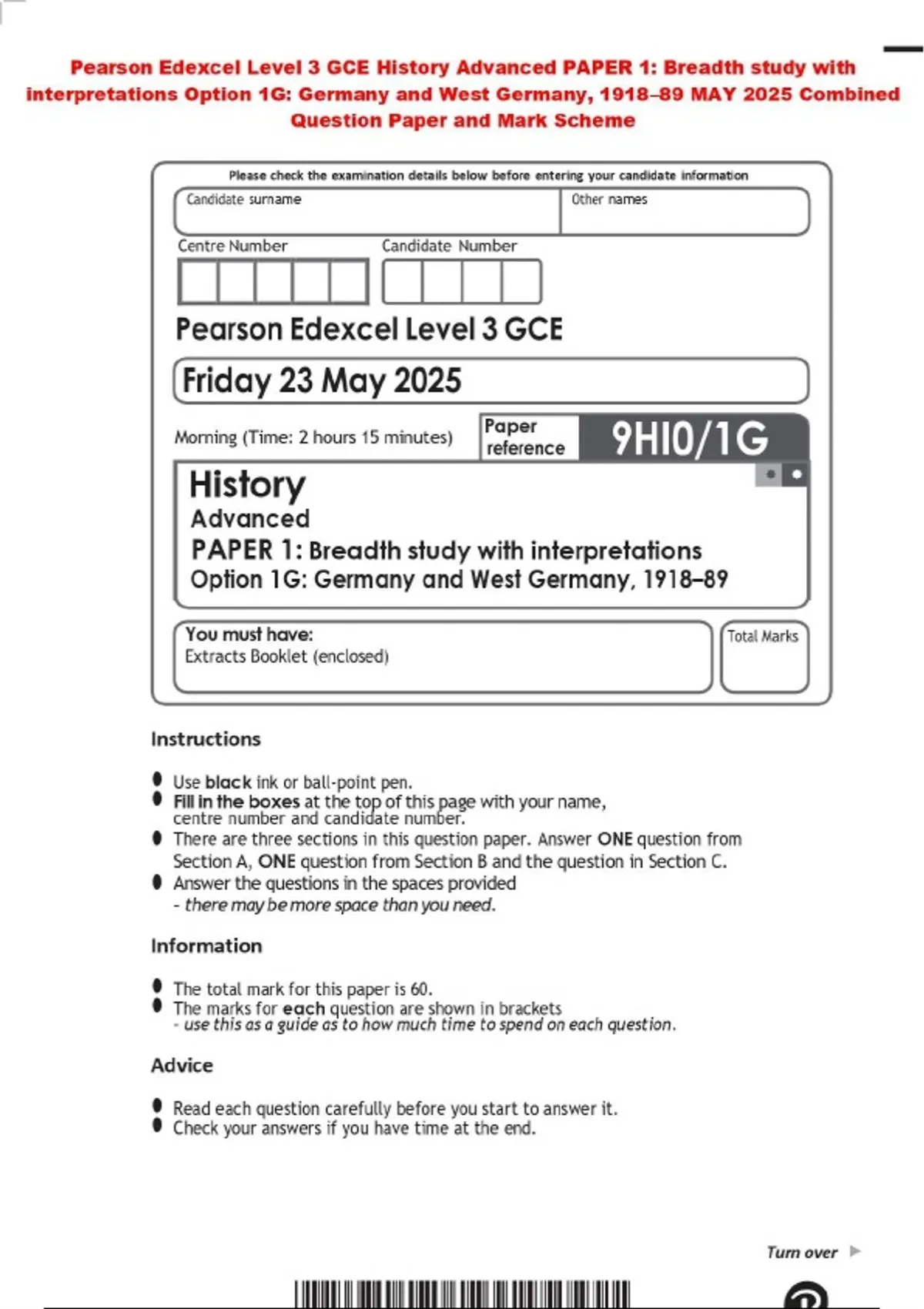Pearson Edexcel Level 3 GCE History Advanced PAPER 1: Breadth study ...