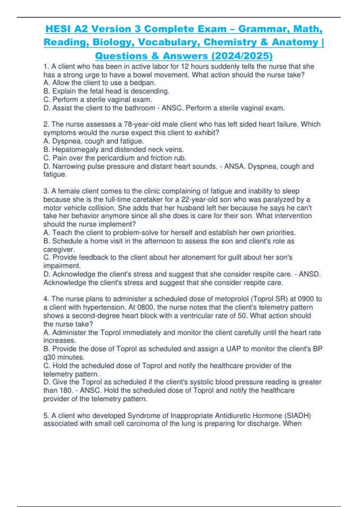 HESI A2 Version 3 Complete Exam – Grammar, Math, Reading, Biology ...