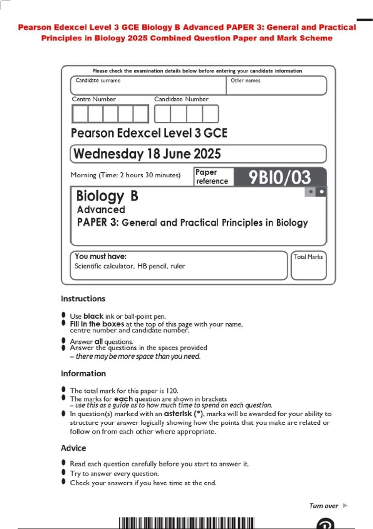 BUNDLE ::: Pearson Edexcel Level 3 GCE Biology Question Paper with Mark ...