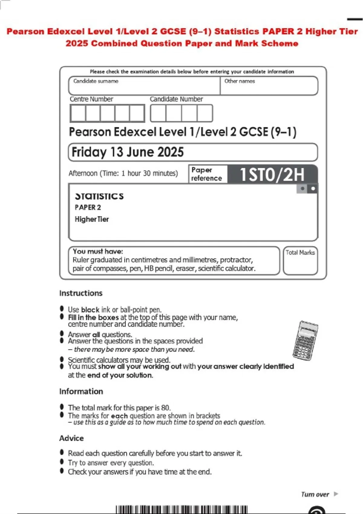 Pearson Edexcel Level 1/Level 2 GCSE (9–1) Statistics PAPER 2 Higher ...