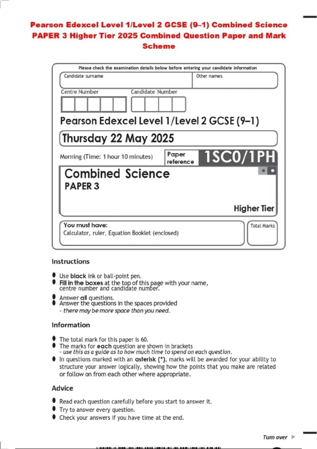 Pearson Edexcel Level 1/Level 2 GCSE (9–1) Combined Science PAPER 3 ...