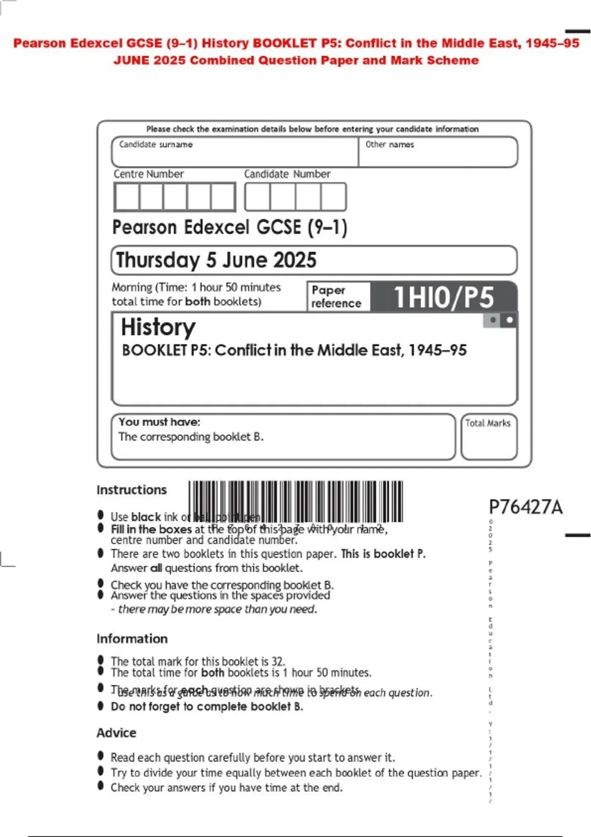 Pearson Edexcel GCSE (9–1) History BOOKLET P5: Conflict in the Middle ...