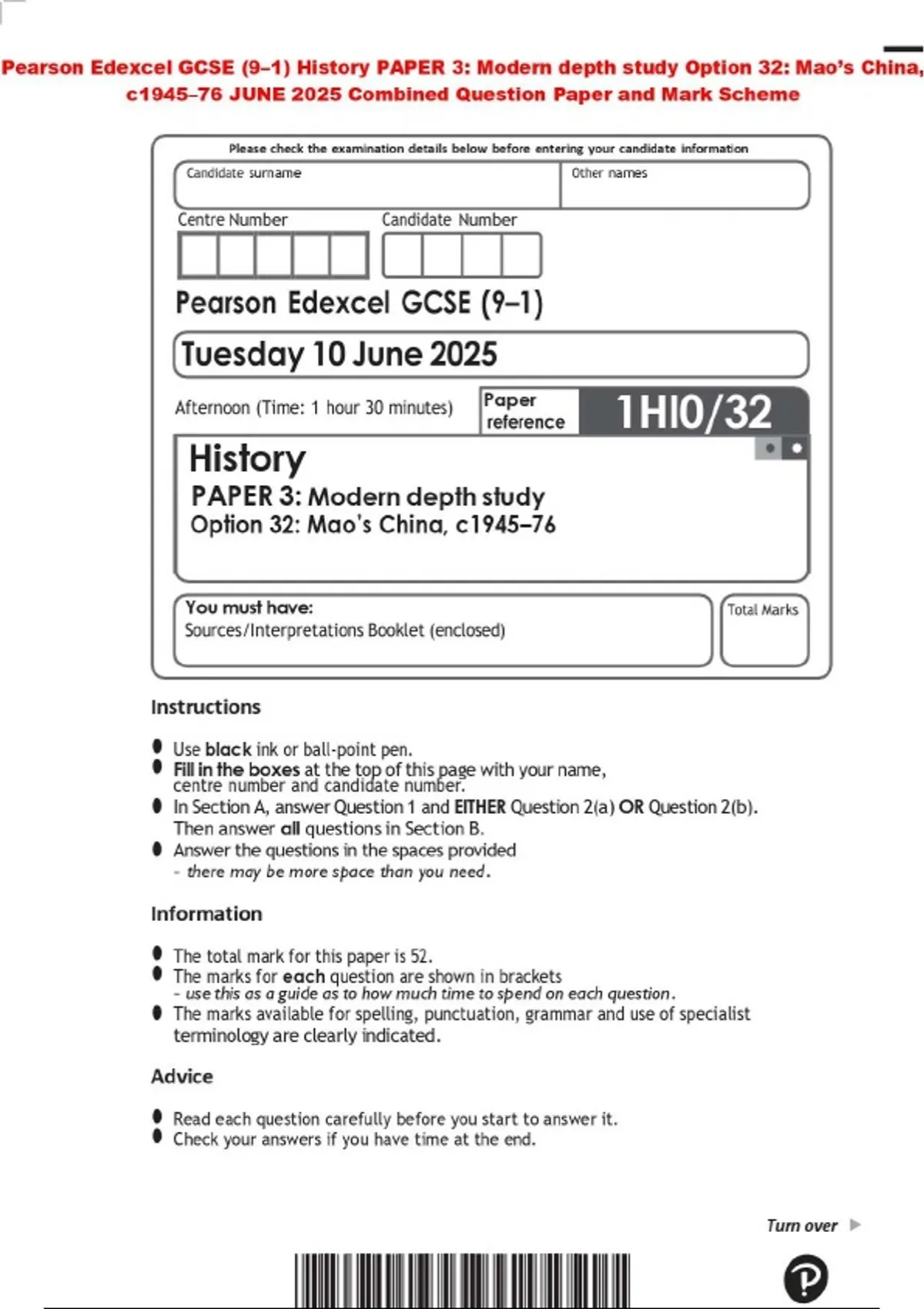 Pearson Edexcel GCSE (9–1) History PAPER 3: Modern depth study Option ...