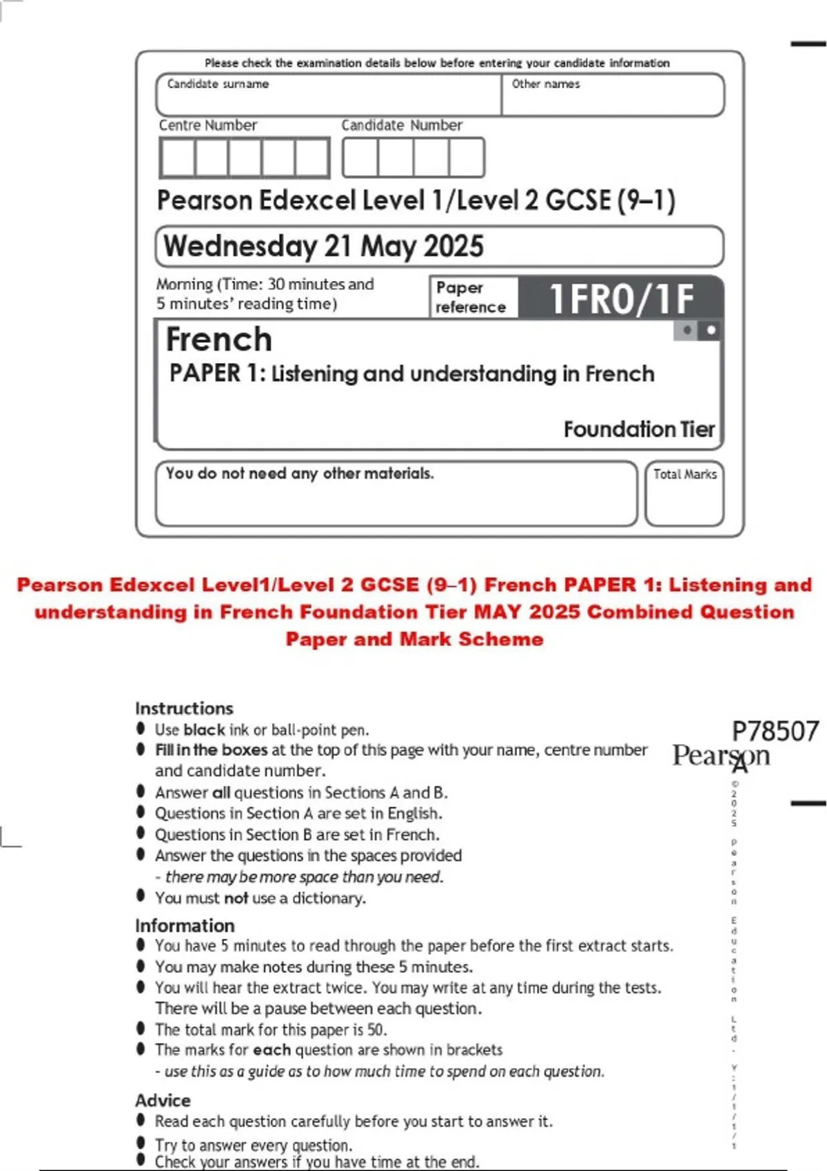 Pearson Edexcel Level1/Level 2 GCSE (9–1) French PAPER 1: Listening and ...