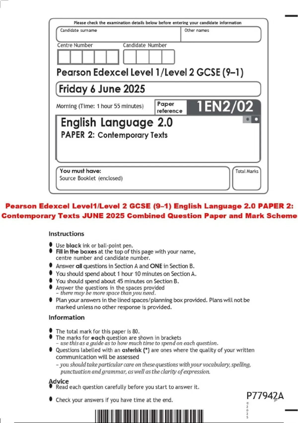 Pearson Edexcel Level1/Level 2 GCSE (9–1) English Language 2.0 PAPER 2 ...