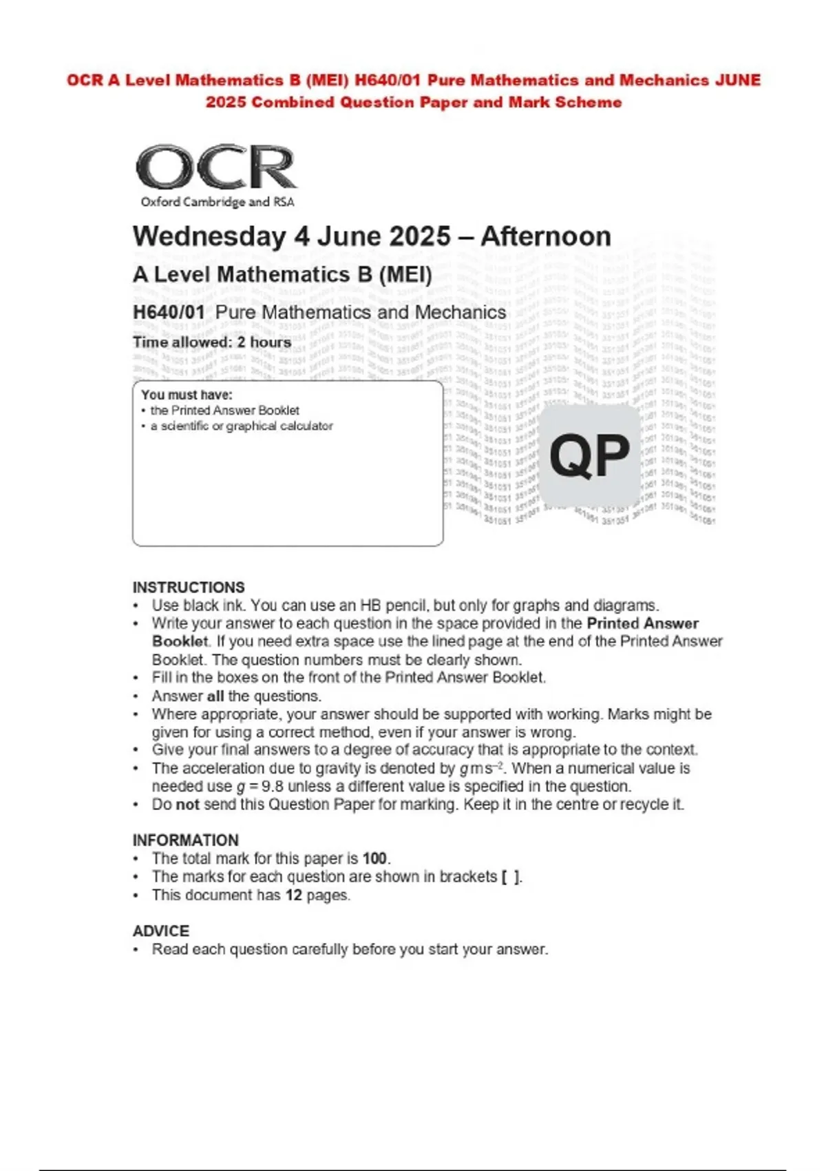 OCR A Level Mathematics B (MEI) H640/01 Pure Mathematics and Mechanics ...