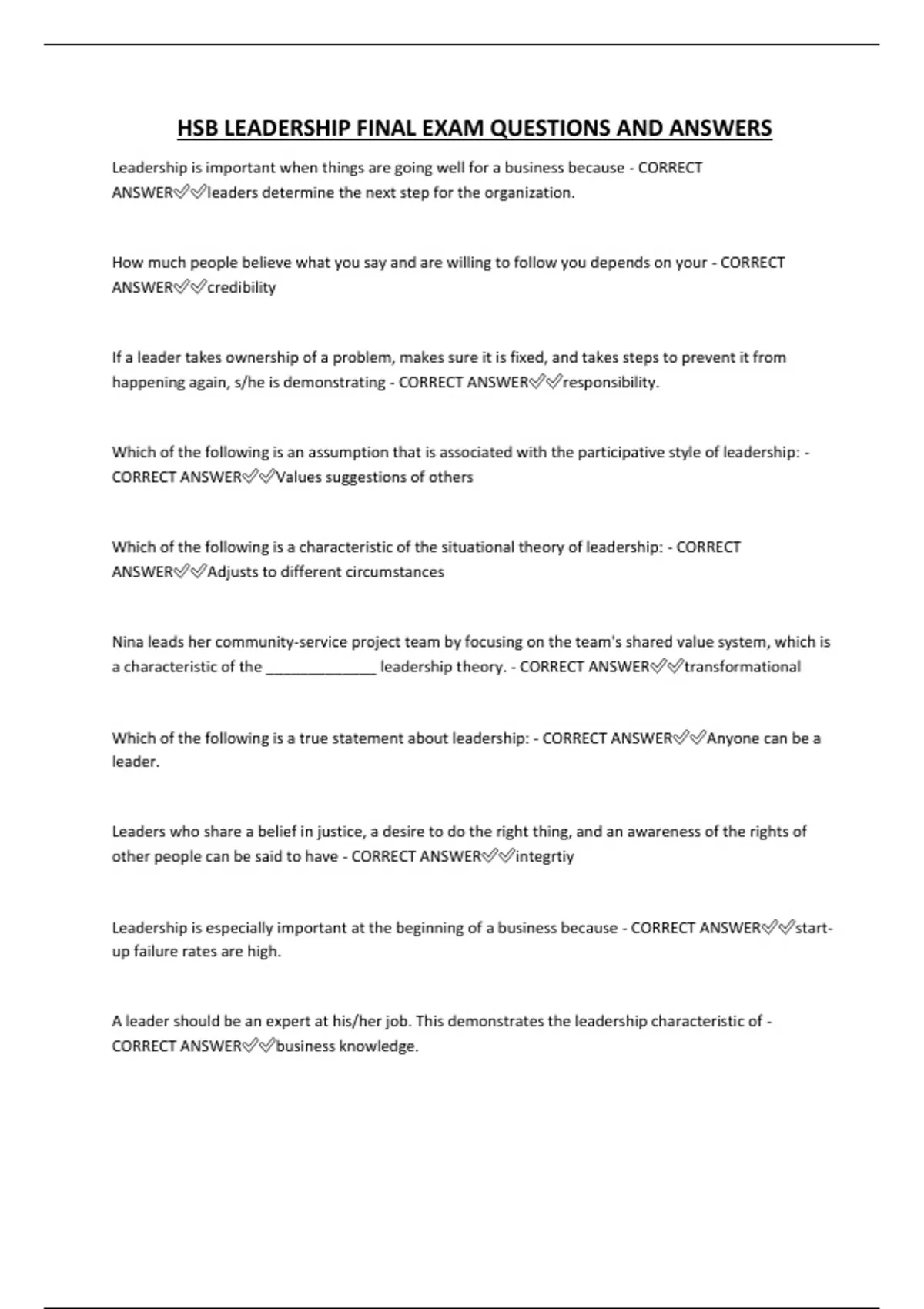 HSB LEADERSHIP FINAL EXAM QUESTIONS AND ANSWERS - HSB - Stuvia US