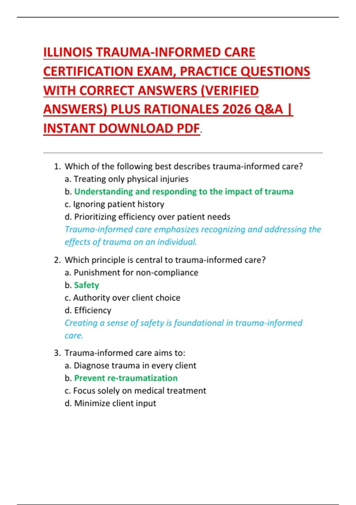 ILLINOIS TRAUMA-INFORMED CARE CERTIFICATION EXAM, PRACTICE QUESTIONS ...