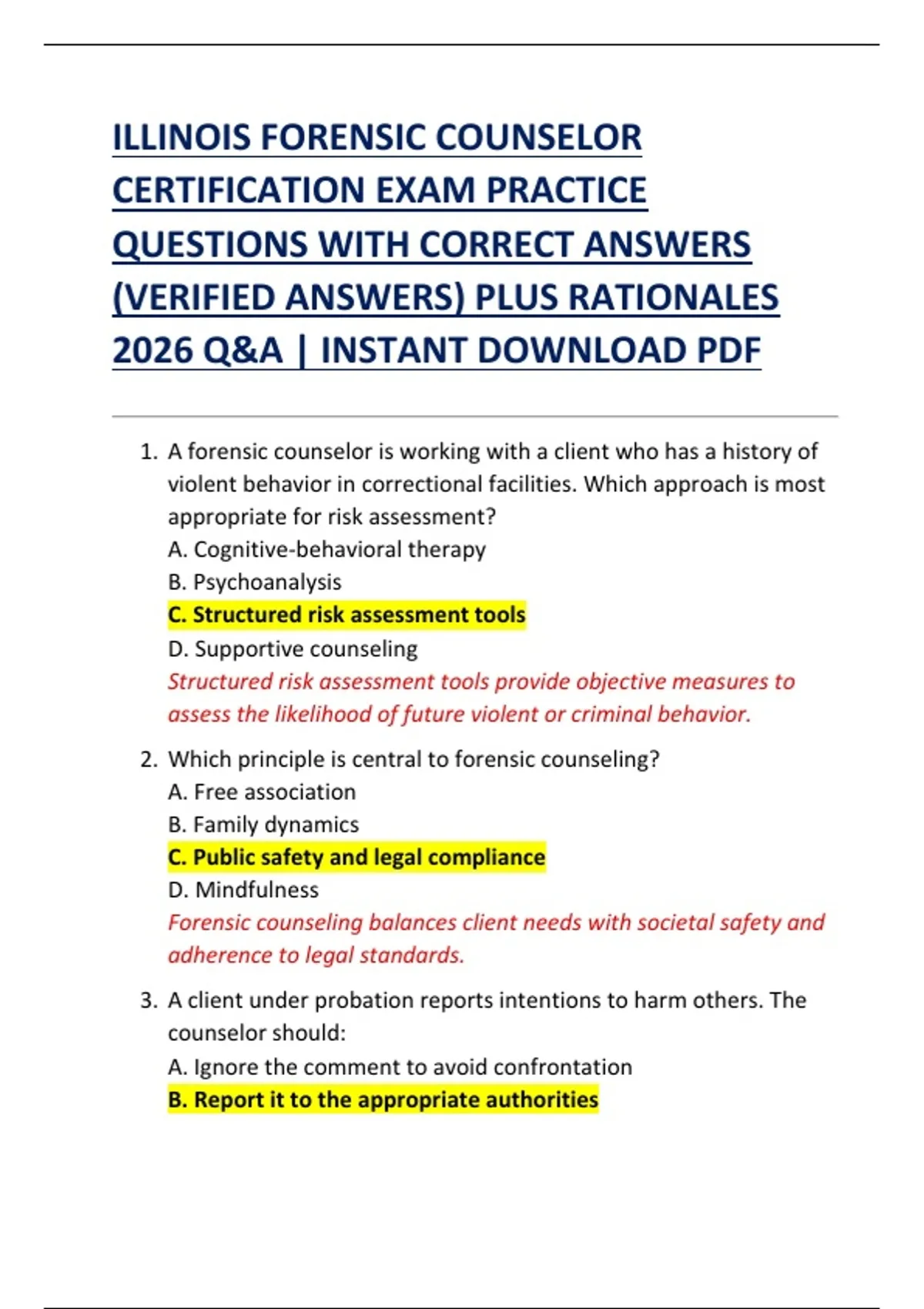 ILLINOIS FORENSIC COUNSELOR CERTIFICATION EXAM PRACTICE QUESTIONS WITH ...