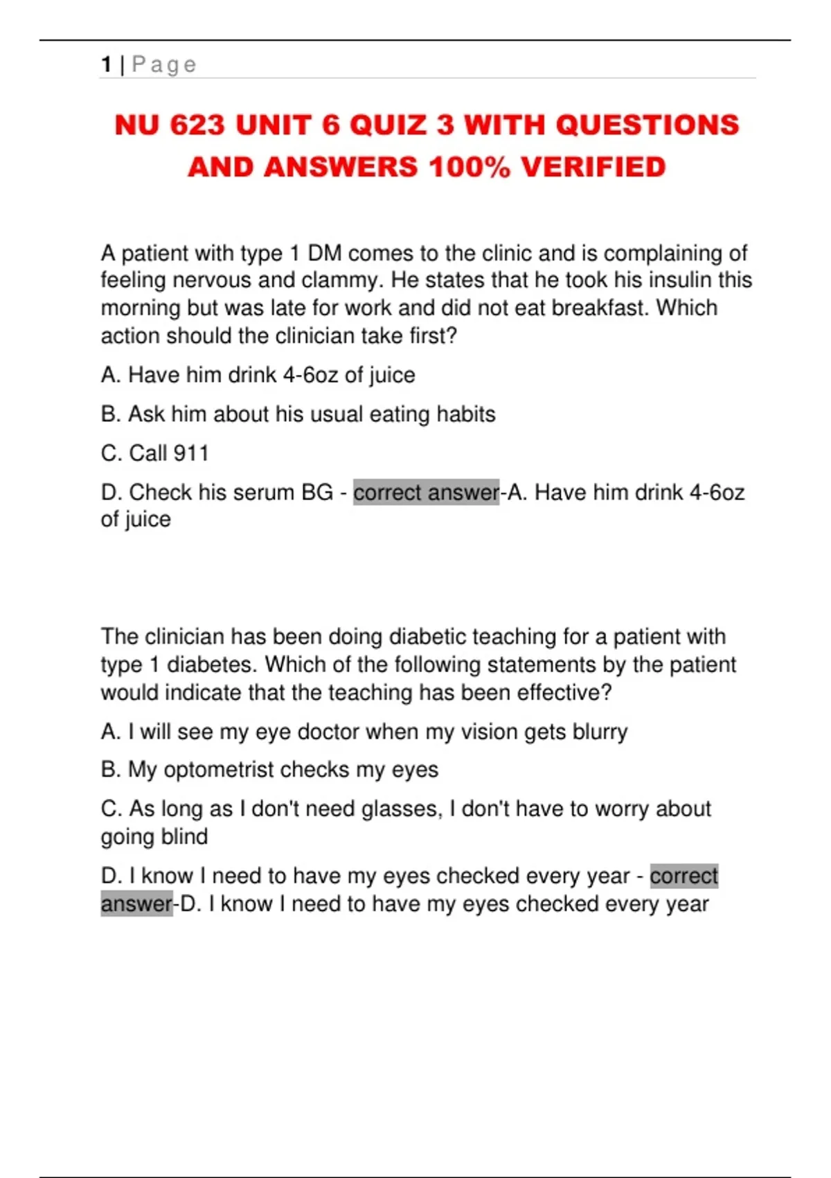 NU 623 UNIT 6 QUIZ 3 WITH QUESTIONS AND ANSWERS - NU 623 UNIT - Stuvia US