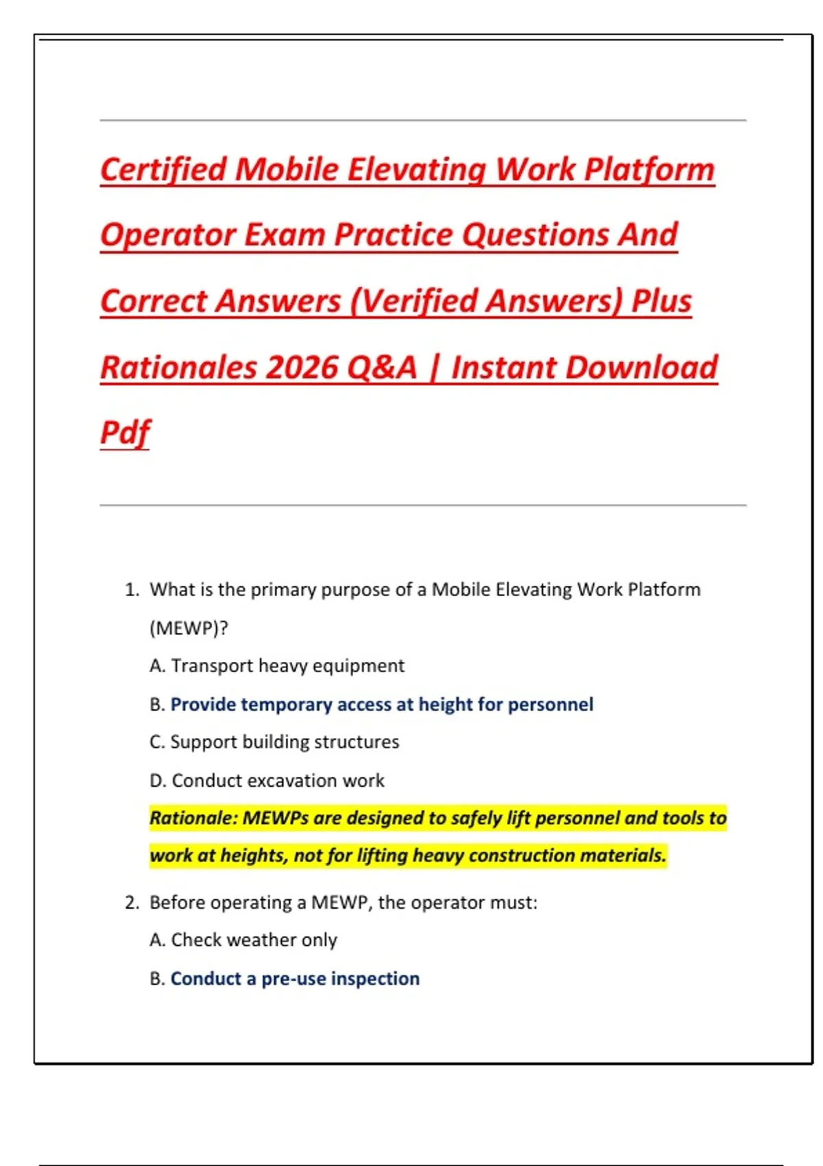 Certified Mobile Elevating Work Platform Operator Exam Practice ...