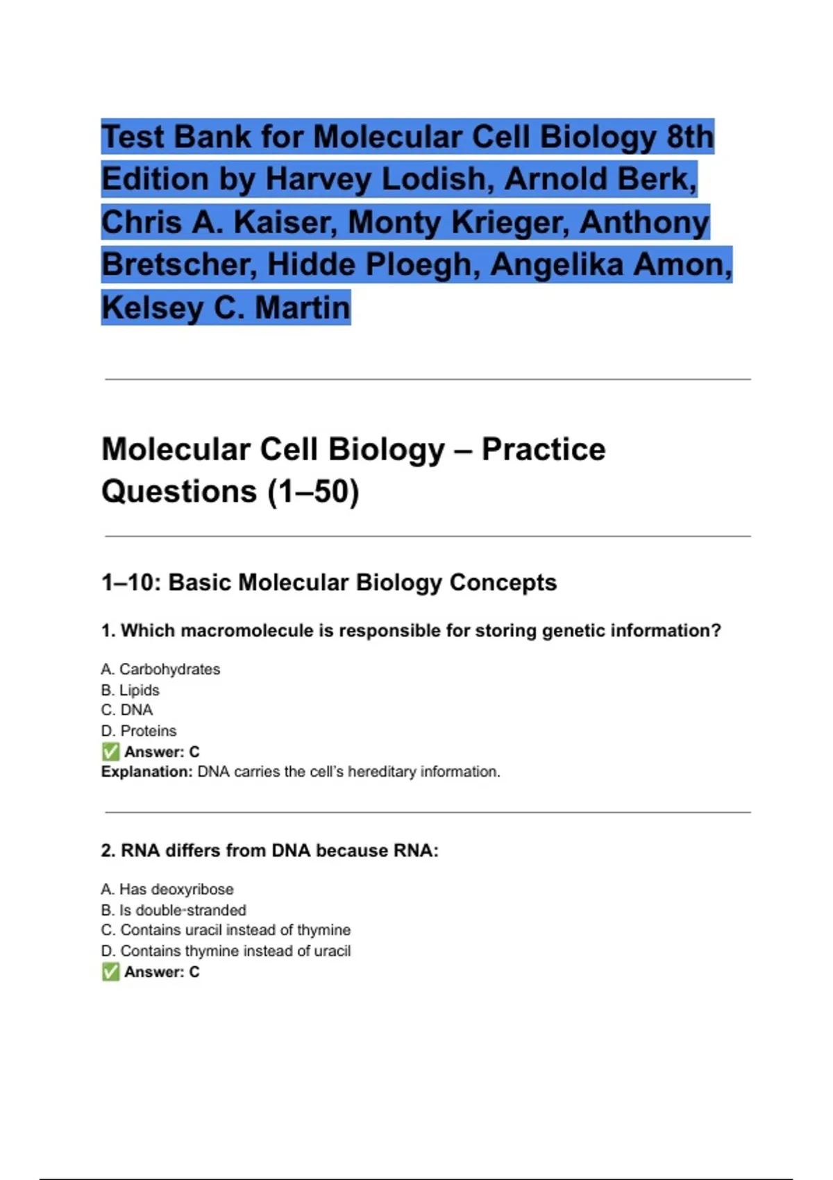 Test Bank for Molecular Cell Biology 8th Edition by Harvey Lodish ...