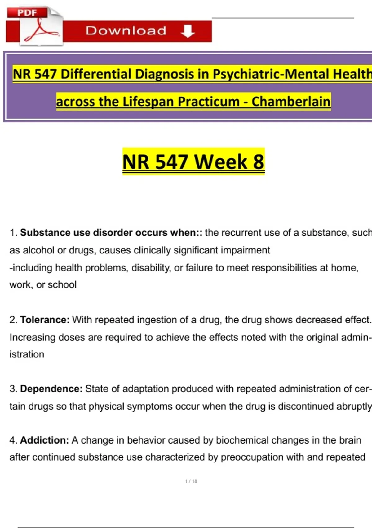 NR 547 Differential Diagnosis in Psychiatric-Mental Health across the ...