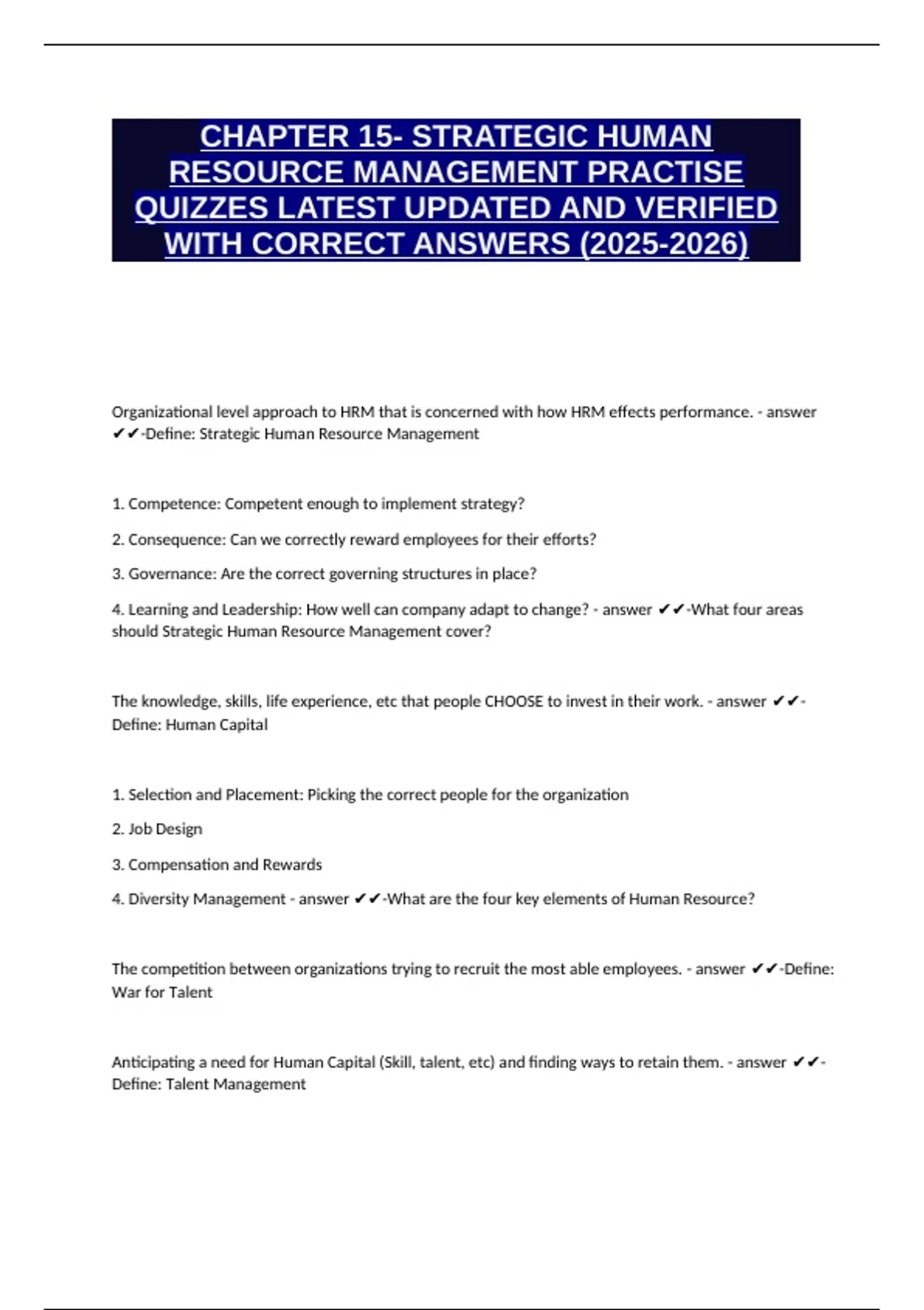 CHAPTER 15- STRATEGIC HUMAN RESOURCE MANAGEMENT PRACTISE QUIZZES LATEST ...