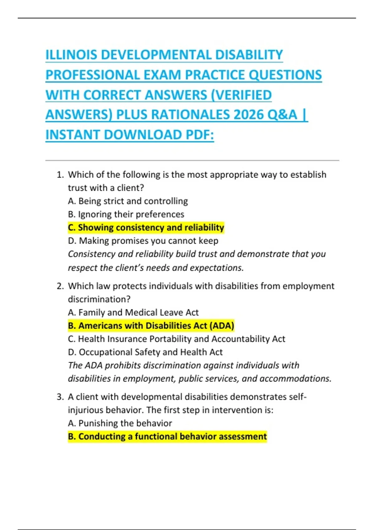 ILLINOIS DEVELOPMENTAL DISABILITY PROFESSIONAL EXAM PRACTICE QUESTIONS ...