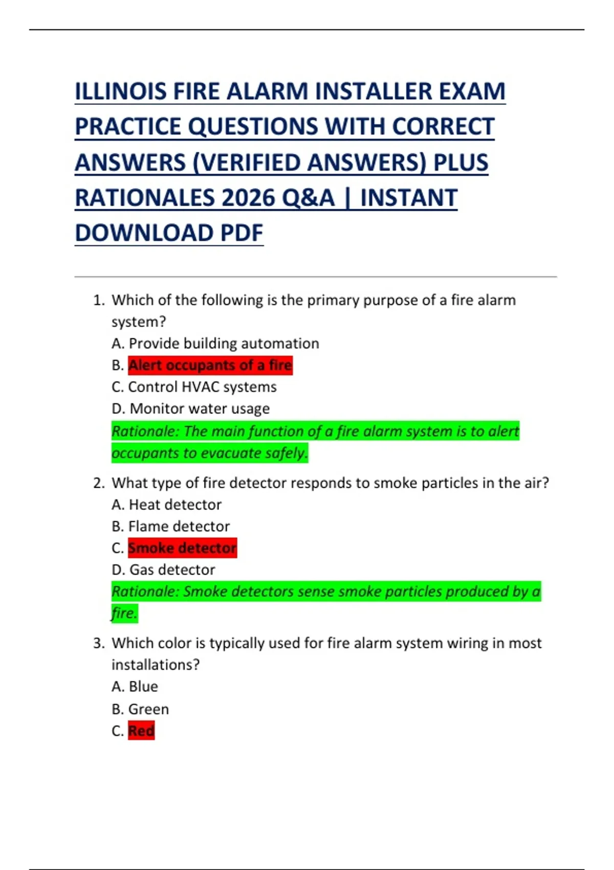ILLINOIS FIRE ALARM INSTALLER EXAM PRACTICE QUESTIONS WITH CORRECT ...
