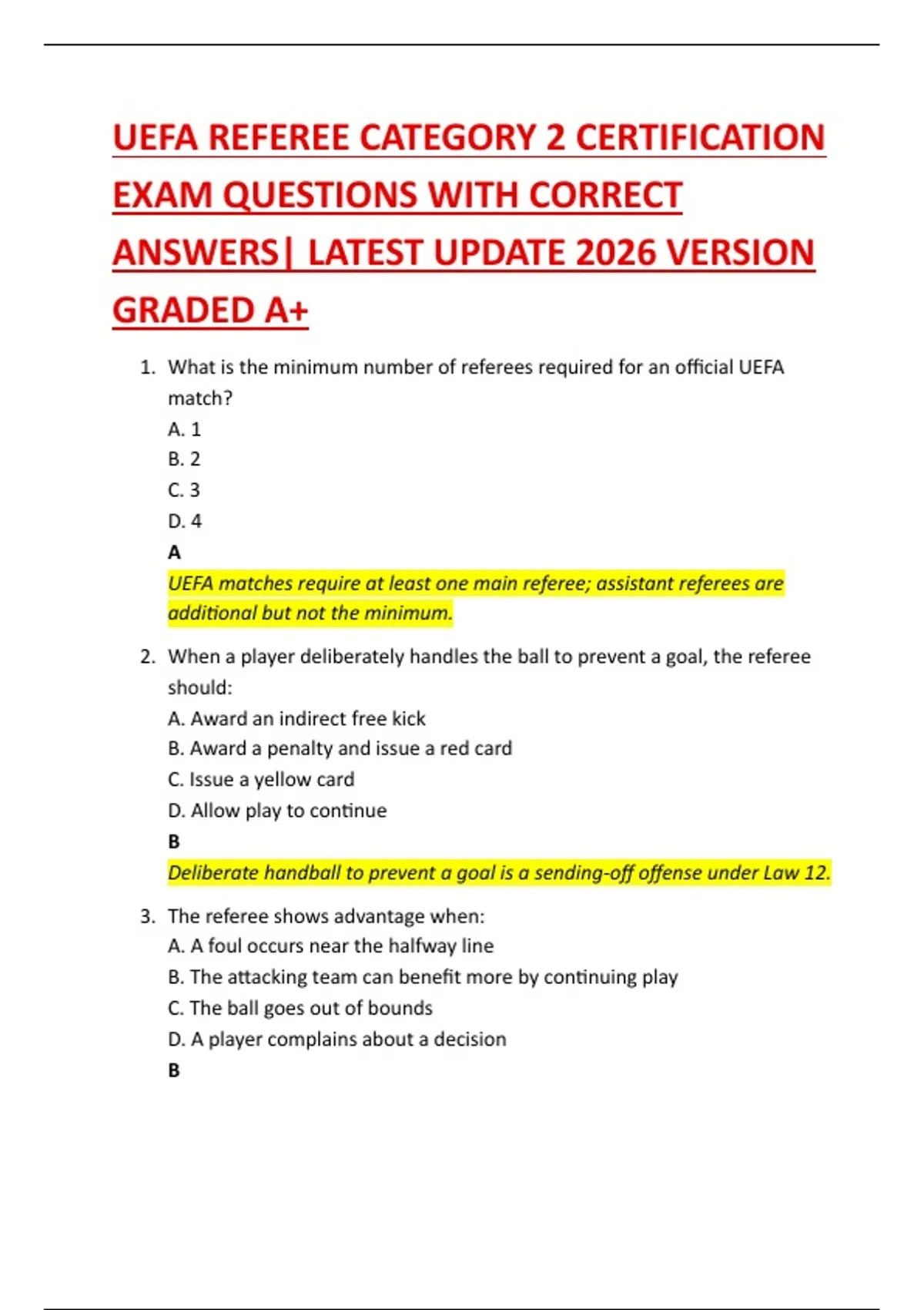 UEFA REFEREE CATEGORY 2 CERTIFICATION EXAM QUESTIONS WITH CORRECT ...