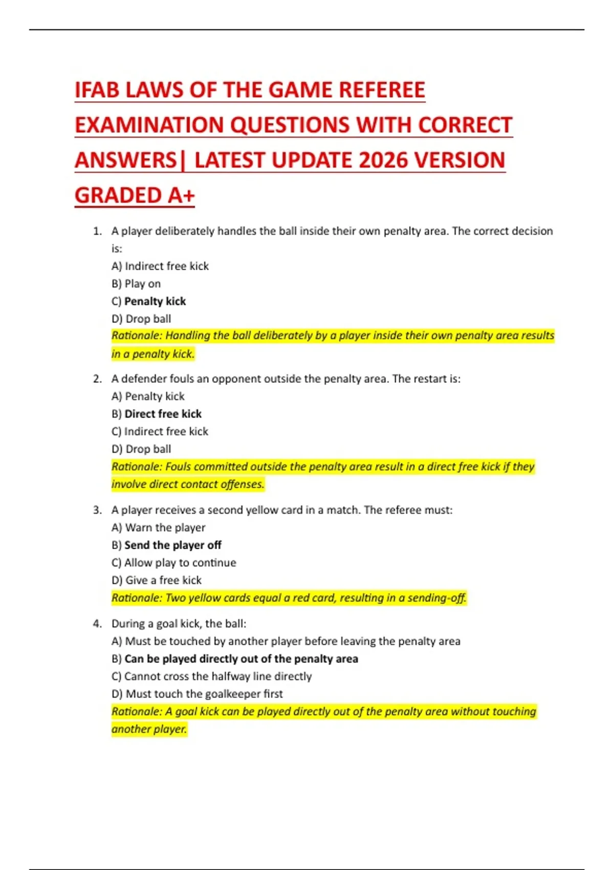 IFAB LAWS OF THE GAME REFEREE EXAMINATION QUESTIONS WITH CORRECT ...