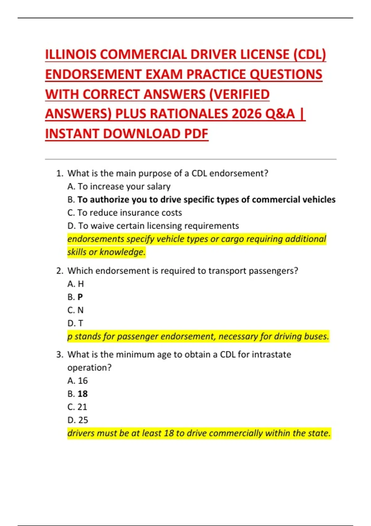 ILLINOIS COMMERCIAL DRIVER LICENSE (CDL) ENDORSEMENT EXAM PRACTICE ...