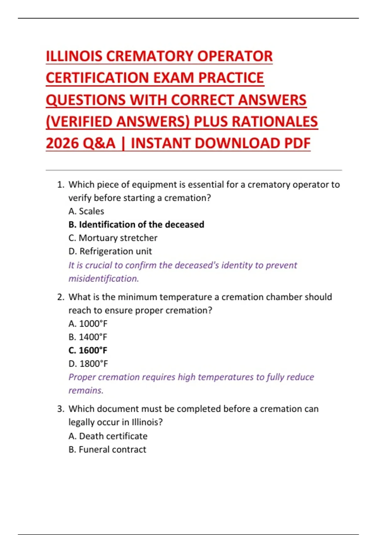 ILLINOIS CREMATORY OPERATOR CERTIFICATION EXAM PRACTICE QUESTIONS WITH ...