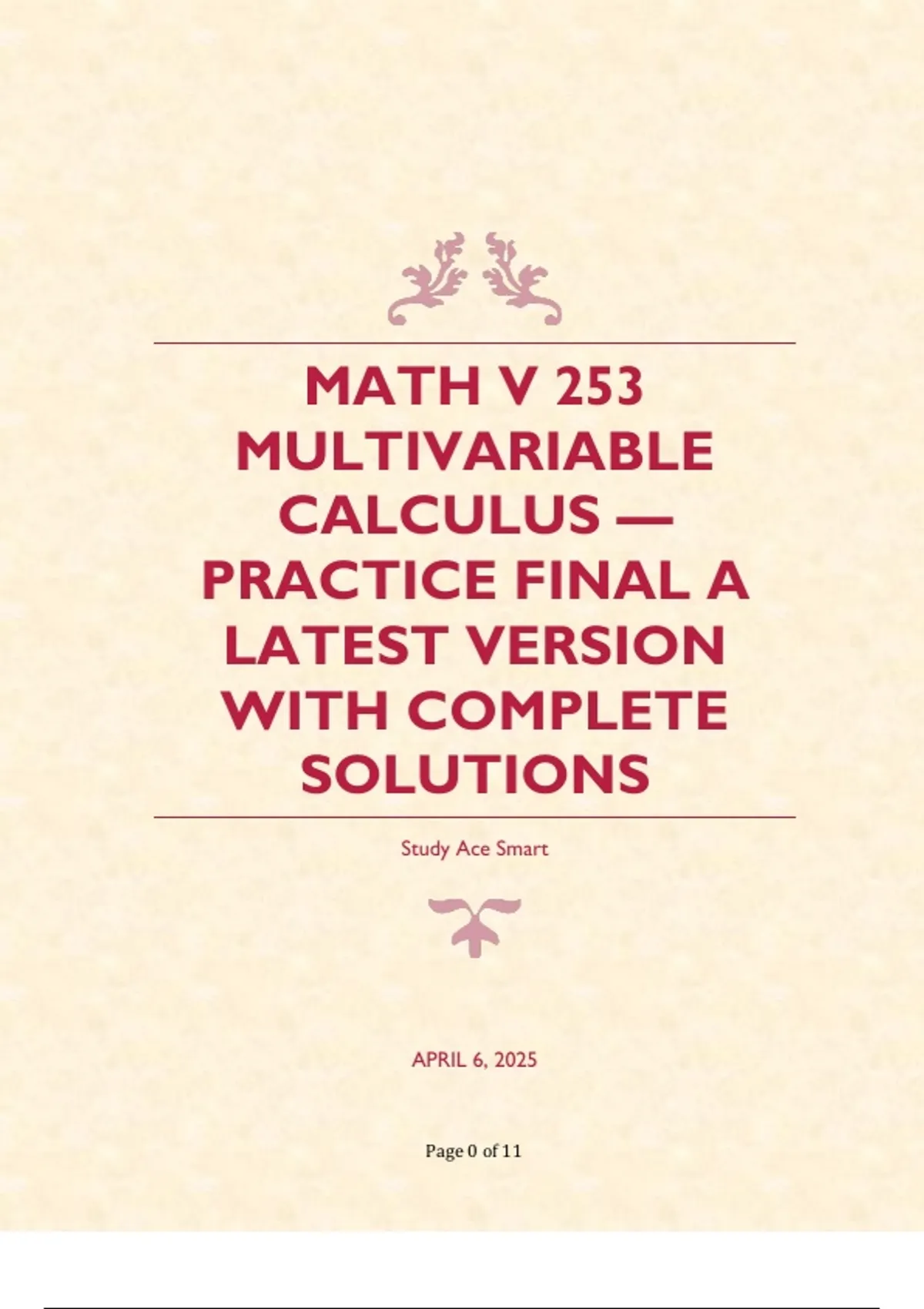 MATH V 253 MULTIVARIABLE CALCULUS — PRACTICE FINAL A LATEST VERSION ...