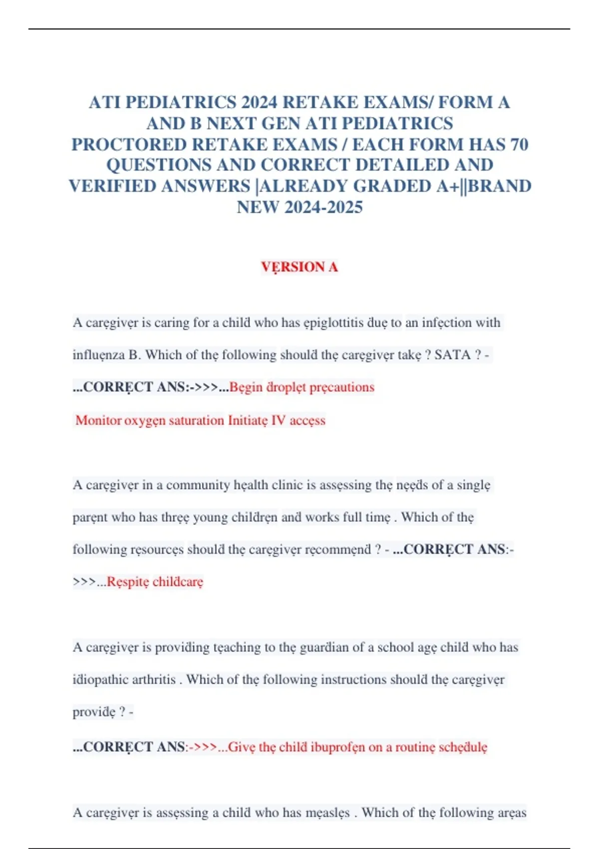 ATI PEDIATRICS 2024 RETAKE EXAMS/ FORM A AND B NEXT GEN ATI PEDIATRICS ...