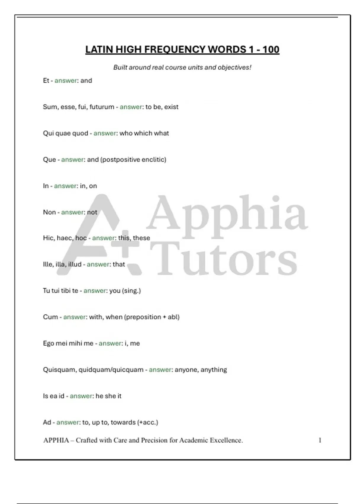 LATIN HIGH FREQUENCY WORDS 1 - 100 Built around real course units and ...