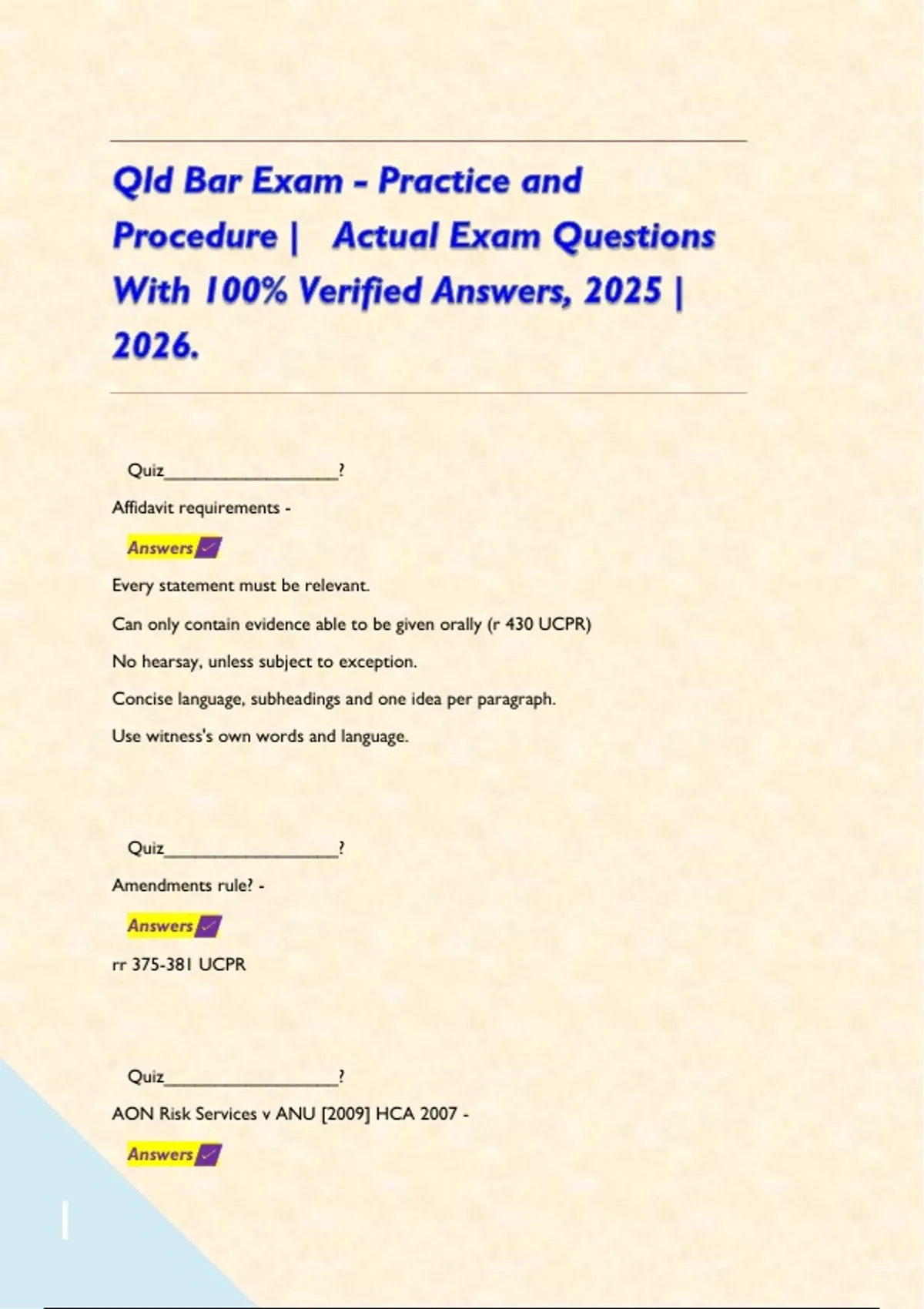 Qld Bar Exam - Practice and Procedure | Actual Exam Questions With 100% ...