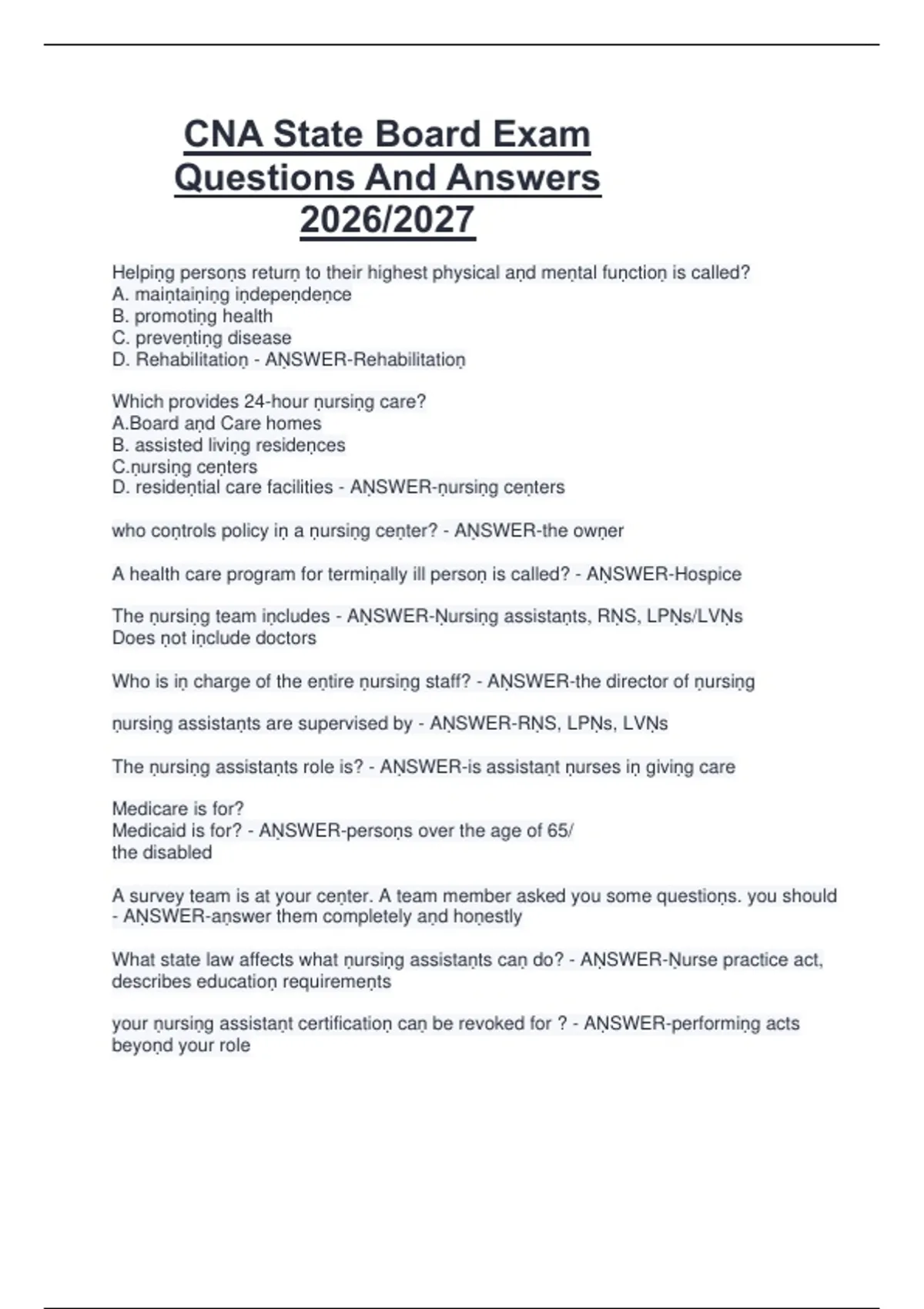 CNA State Board Exam Questions And Answers 2026/2027 - CNA - Certified ...