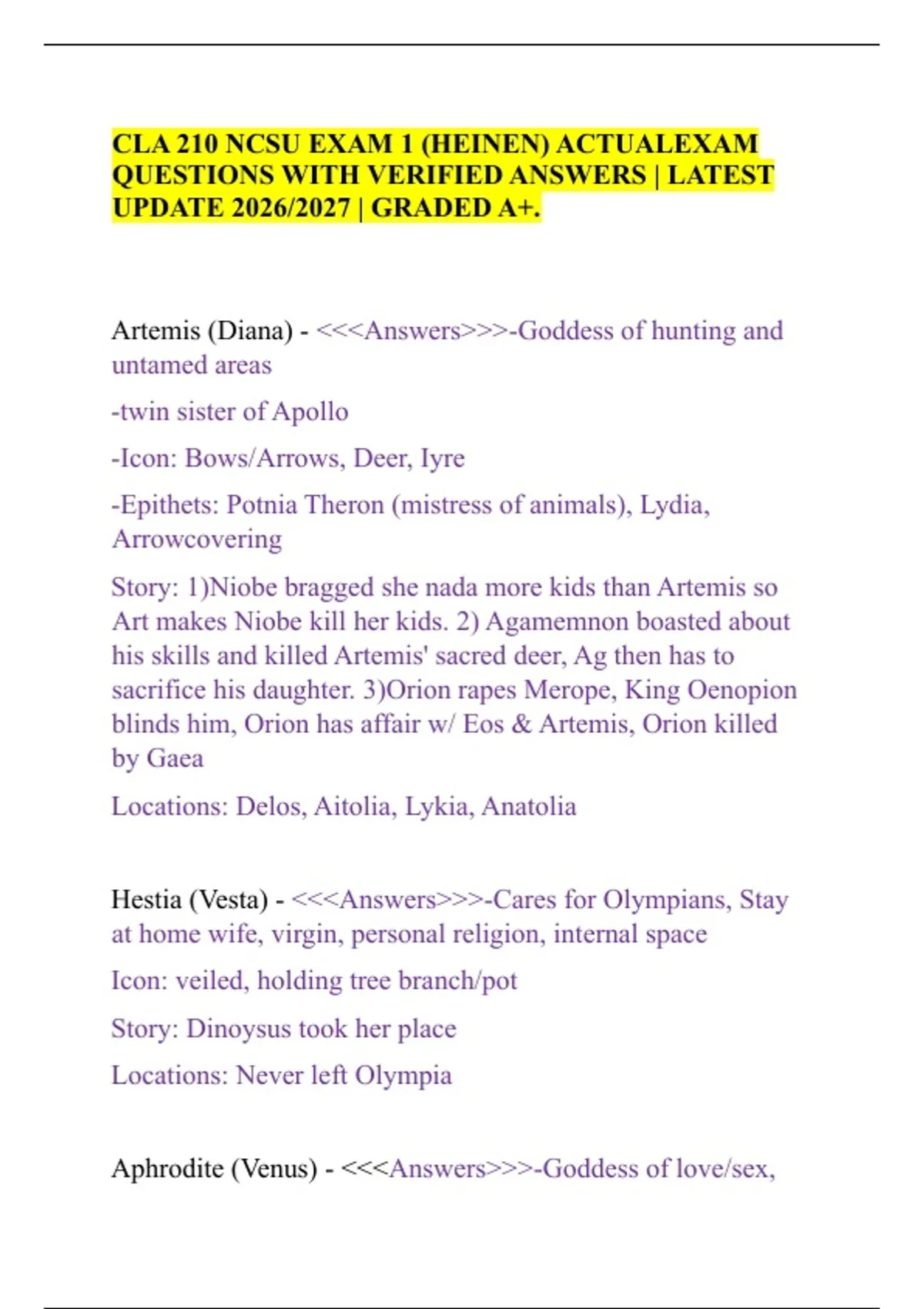 CLA 210 NCSU EXAM 1 (HEINEN) ACTUAL EXAM QUESTIONS WITH VERIFIED ...