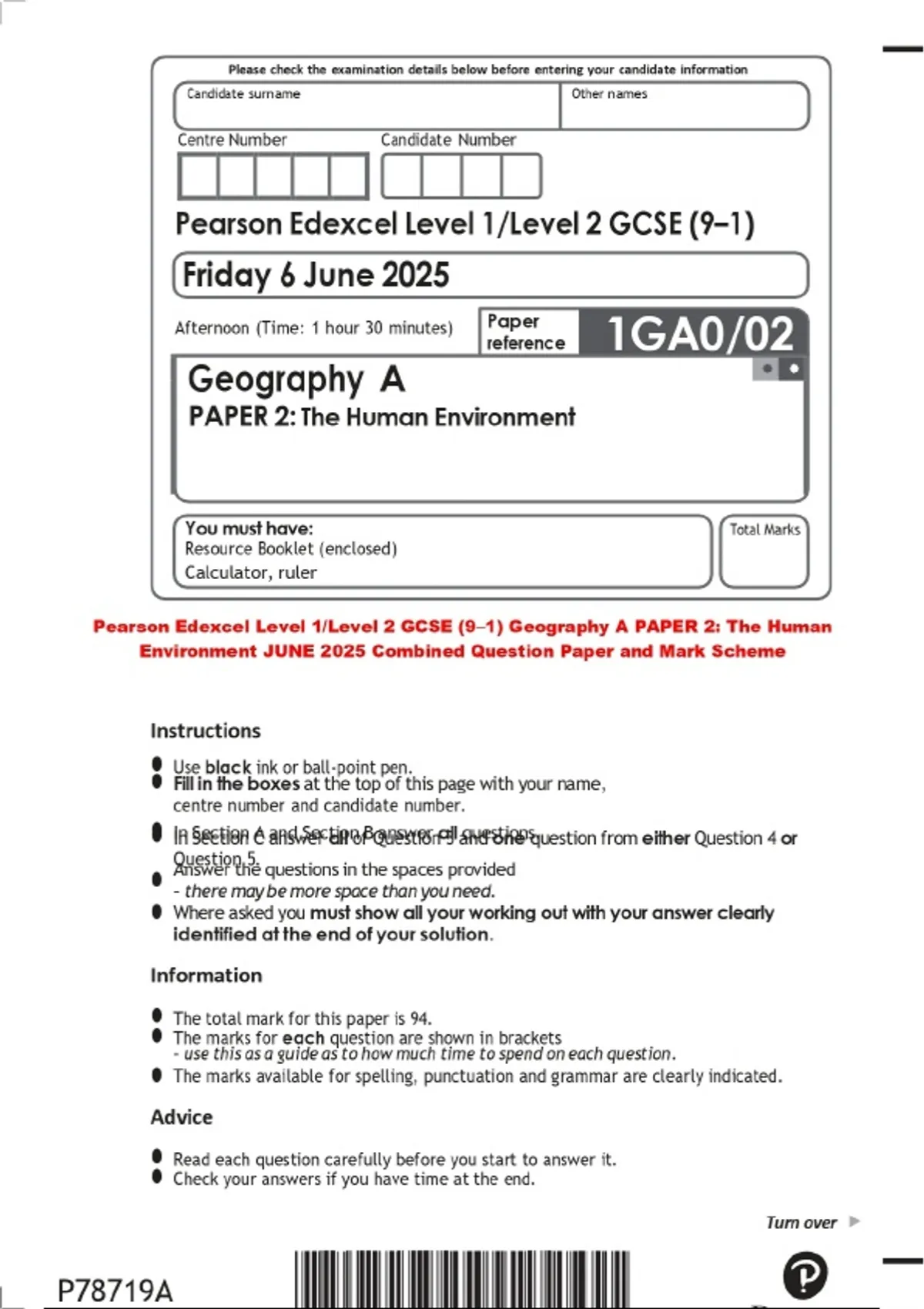 Pearson Edexcel Level 1/Level 2 GCSE (9–1) Geography A PAPER 2: The ...