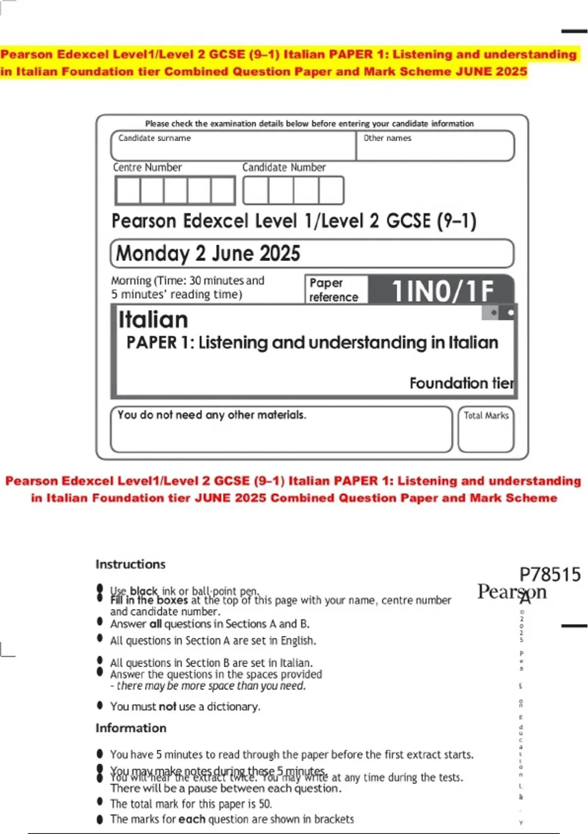 Pearson Edexcel Level1/Level 2 GCSE (9–1) Italian PAPER 1: Listening ...