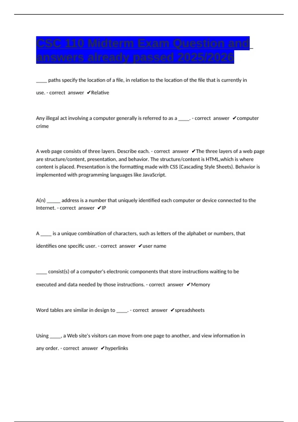 CSC 110 Midterm Exam Question and answers already passed 2025/2026 - CSC 110 - Stuvia US