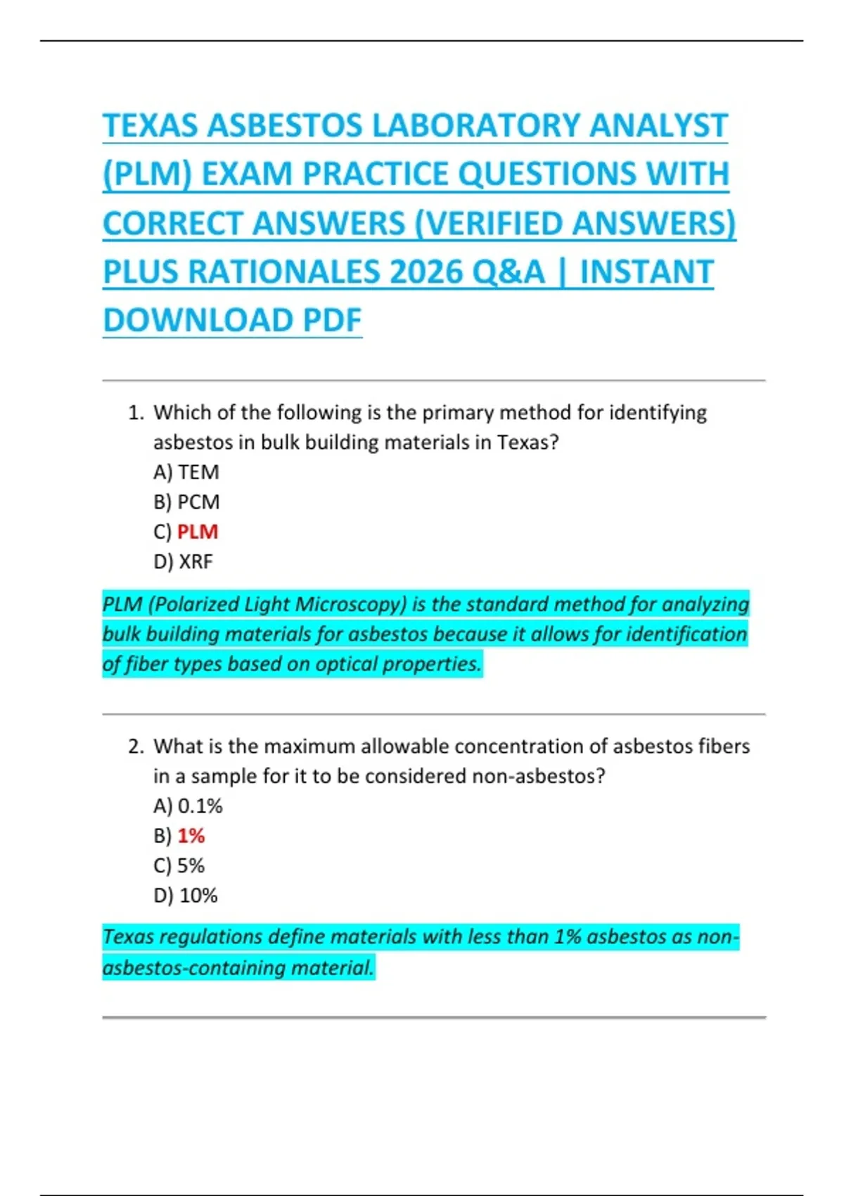 TEXAS ASBESTOS LABORATORY ANALYST (PLM) EXAM PRACTICE QUESTIONS WITH ...