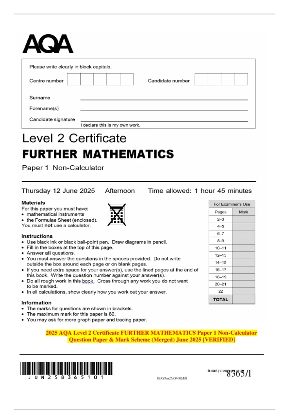 June 2025 AQA Level 2 Certificate Further Mathematics | Combined ...