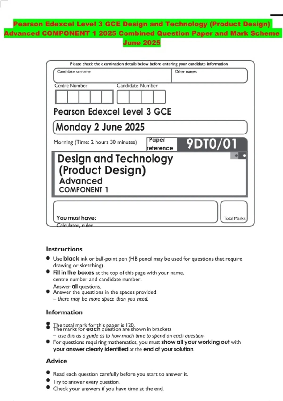 Pearson Edexcel Level 3 GCE Design and Technology (Product Design ...
