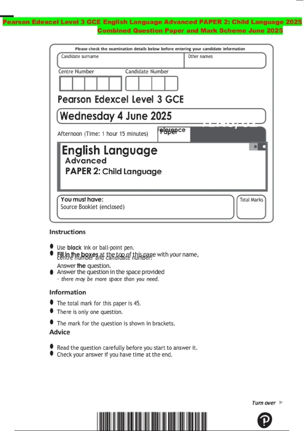 Pearson Edexcel Level 3 GCE English Language Advanced PAPER 2: Child ...