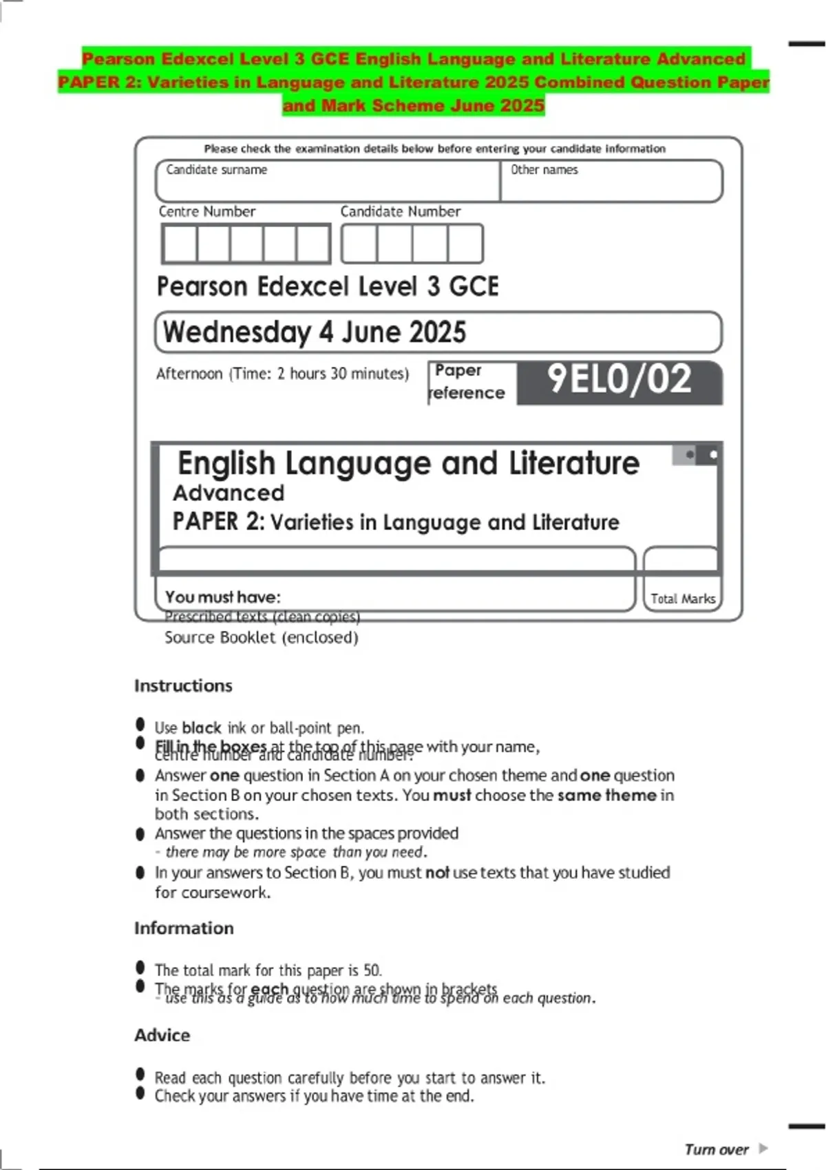 Pearson Edexcel Level 3 GCE English Language and Literature Advanced ...