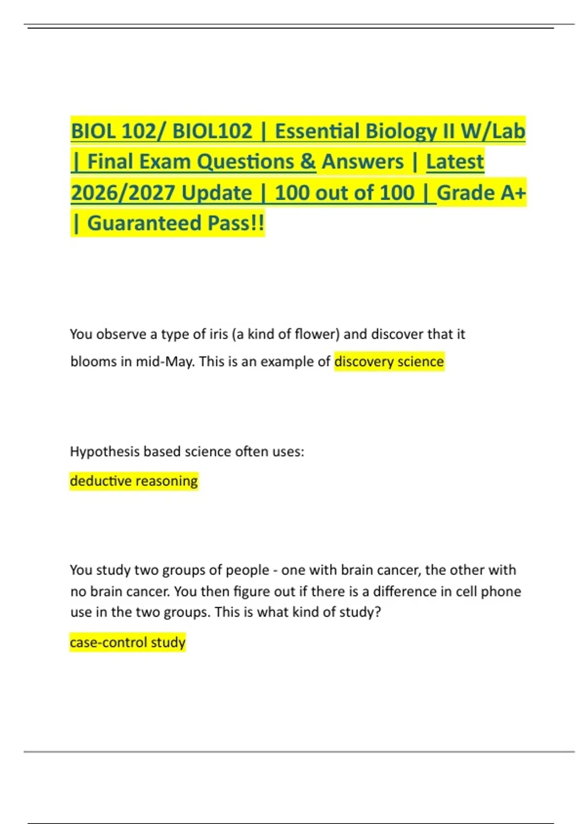 BIOL 102/ BIOL102 | Essential Biology II W/Lab | Final Exam Questions ...