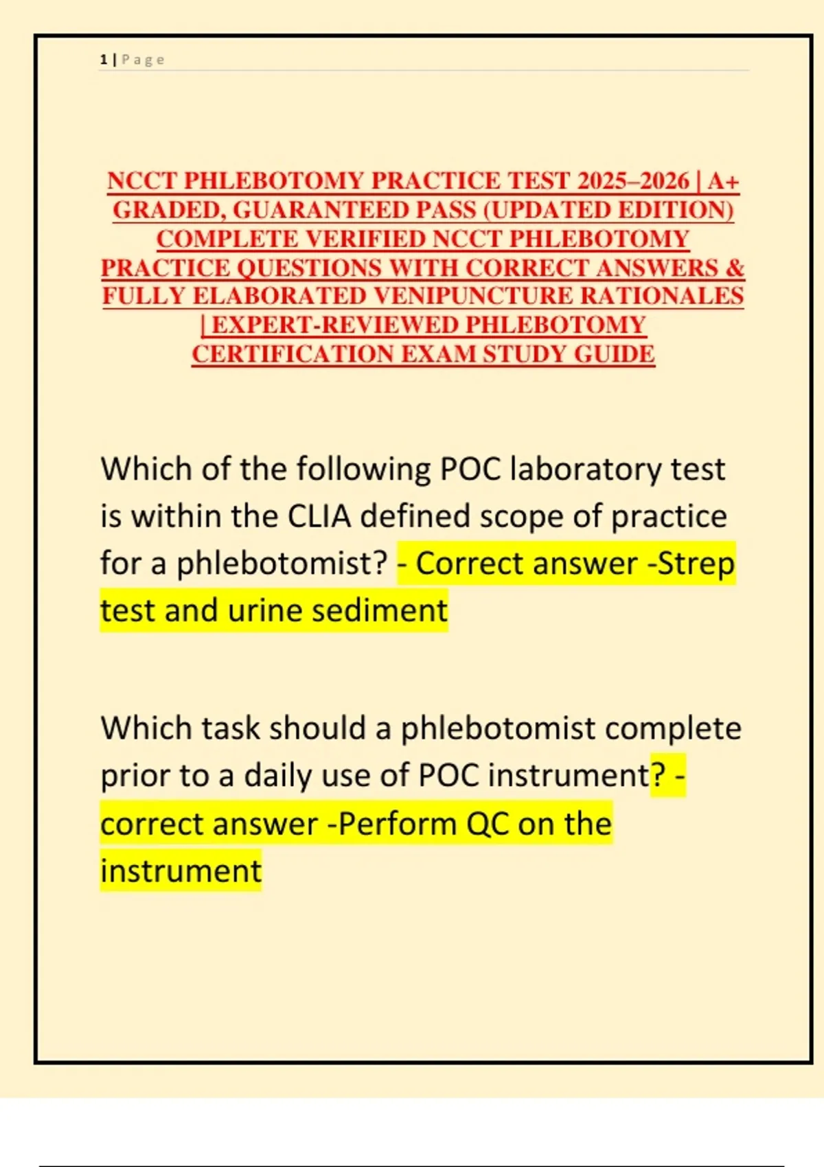 NCCT PHLEBOTOMY PRACTICE TEST 2025–2026 | A+ GRADED, GUARANTEED PASS ...